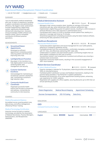 Medical Receptionist CV Examples & Guide for 2025