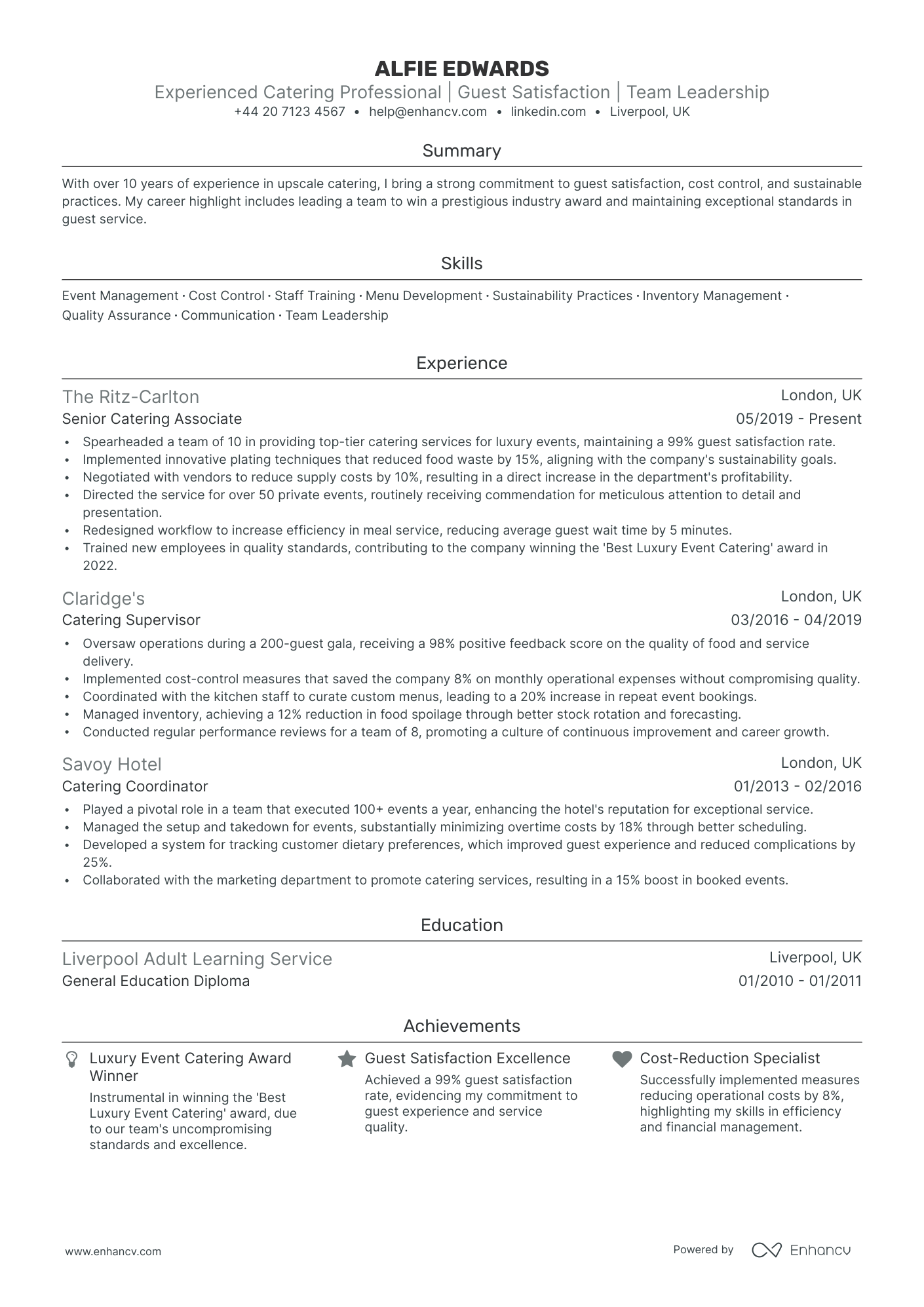 Waiter CV Examples & Guide for 2025