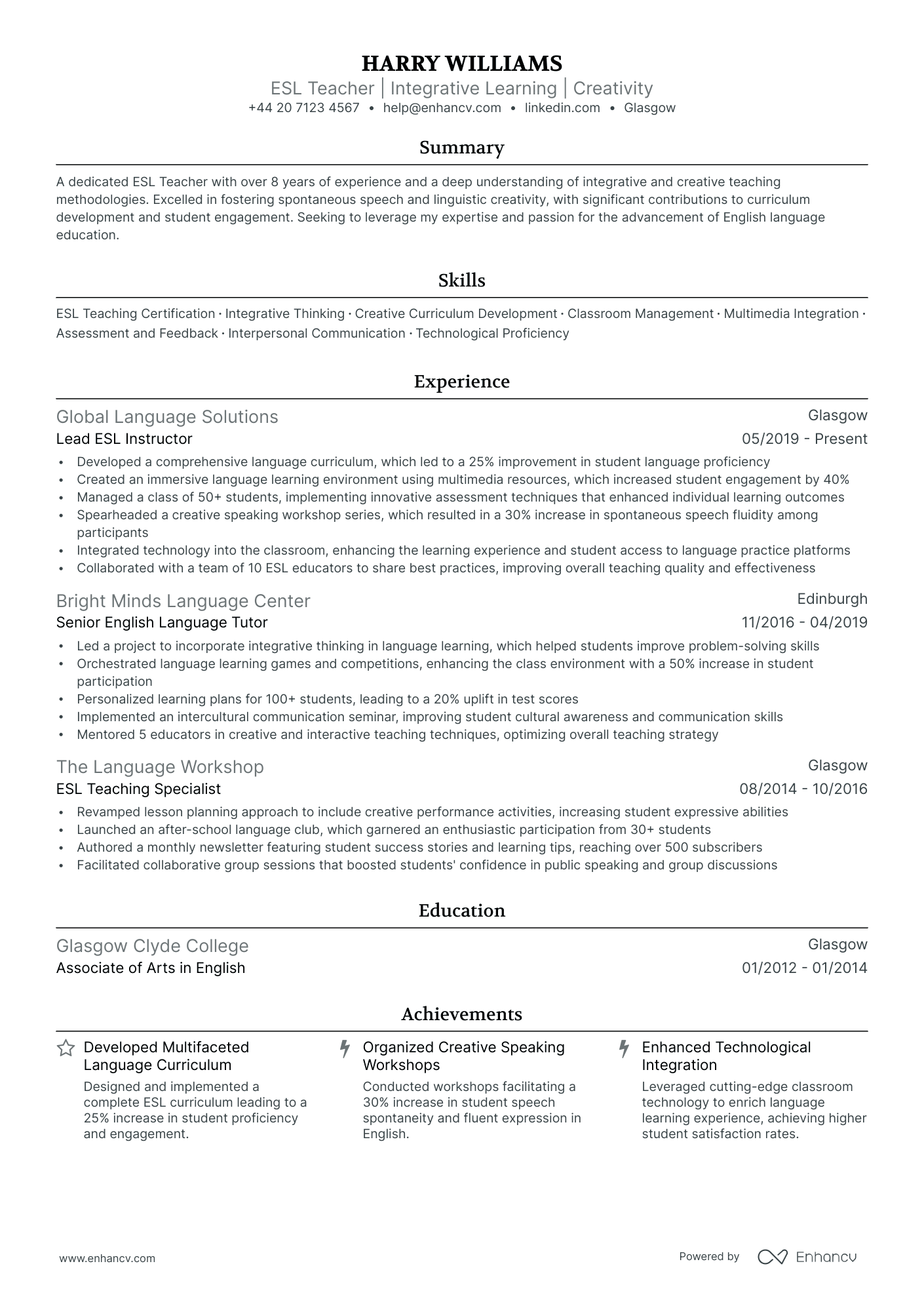 ESL Teacher CV Examples & Guide for 2025