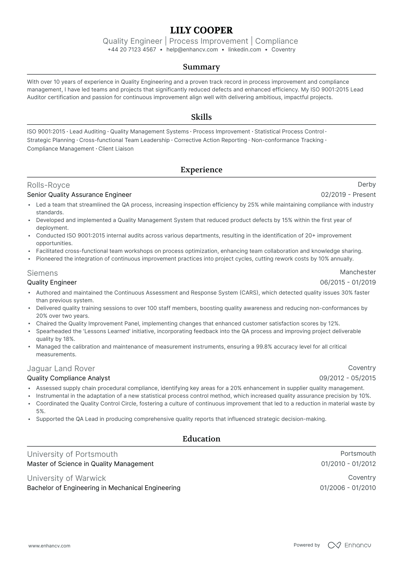 Quality Engineer CV Examples & Guide for 2025