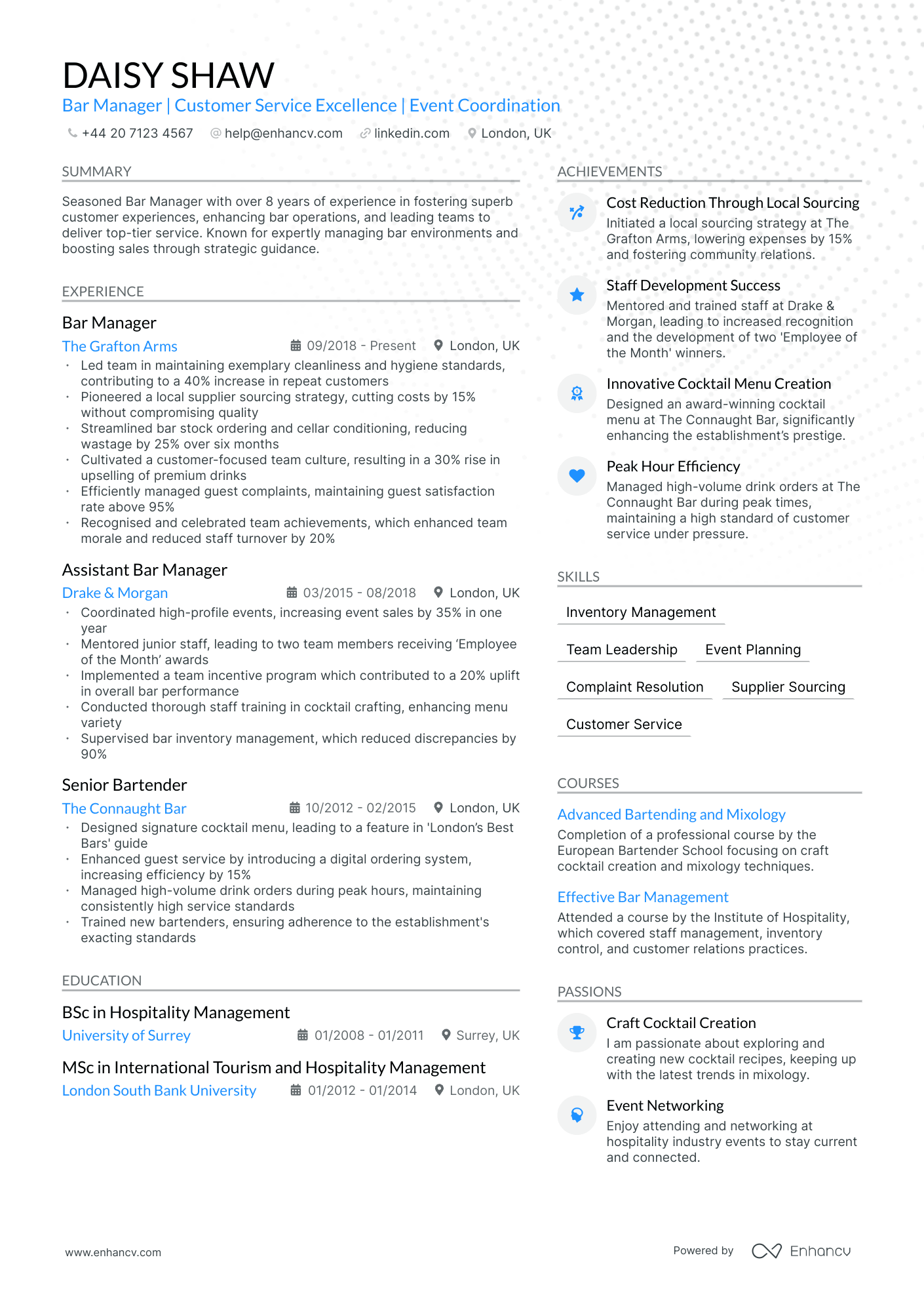 Bar Manager CV Examples & Guide for 2025