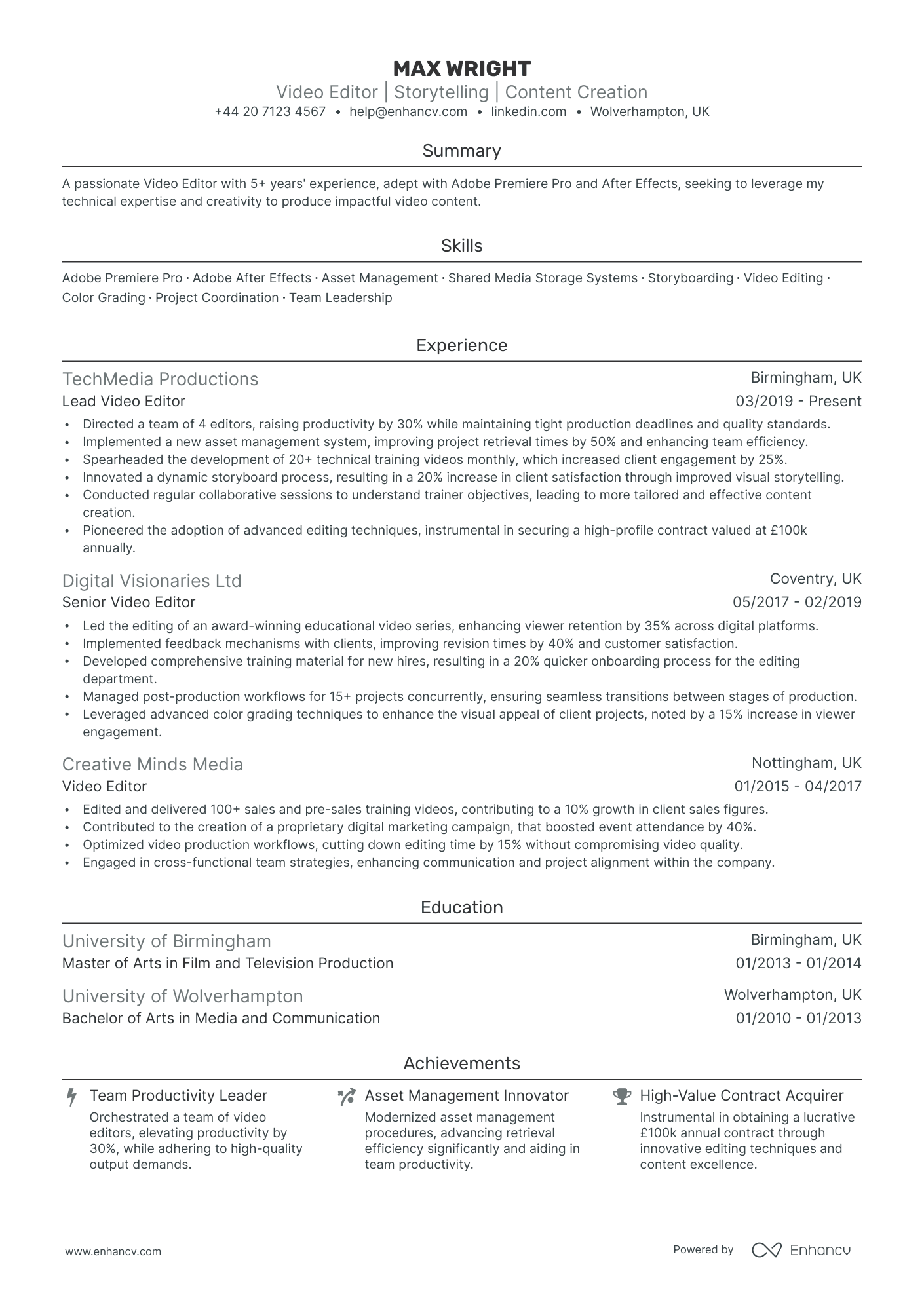 Video Editor CV Examples & Guide for 2025