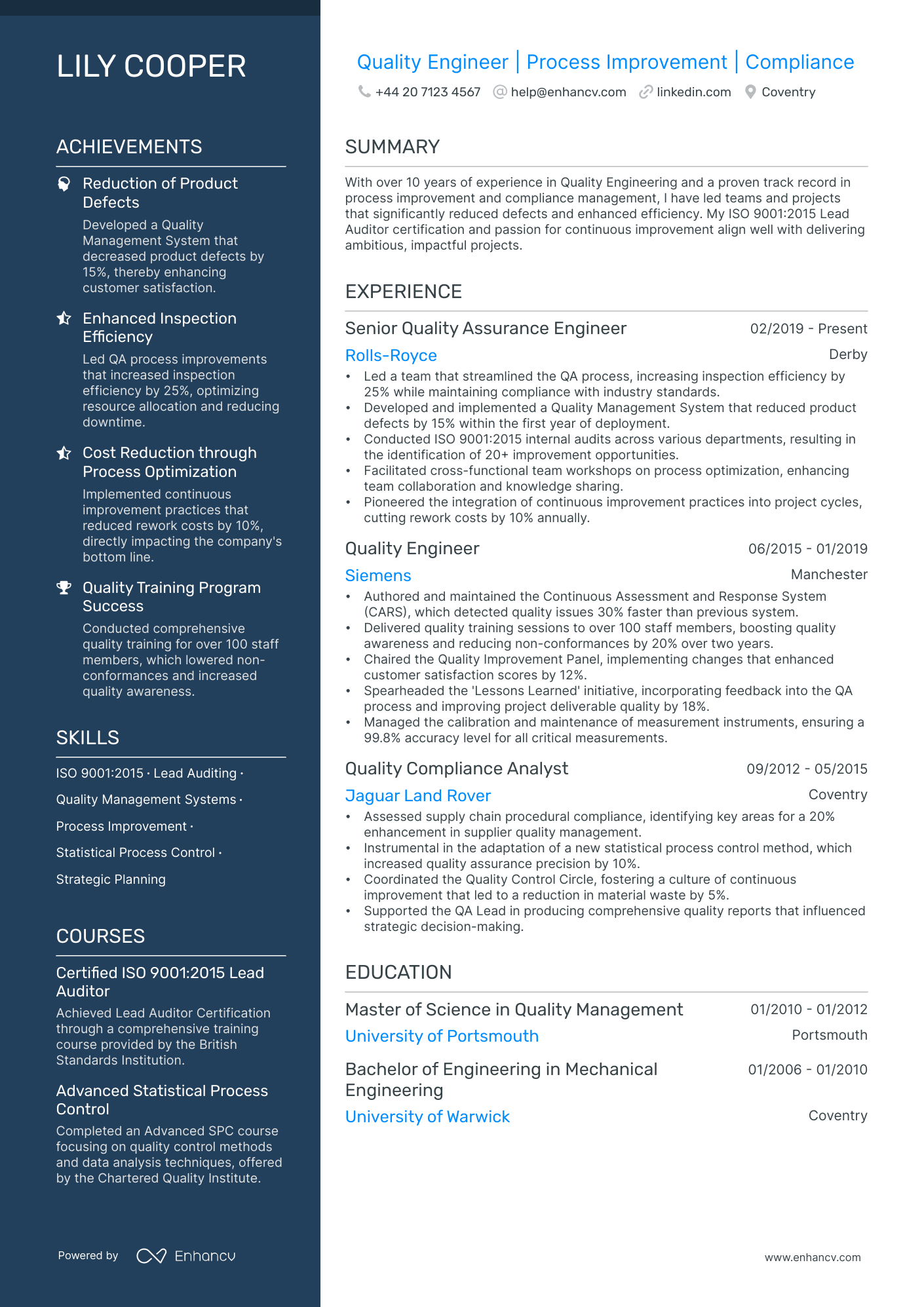 Quality Engineer CV Examples & Guide for 2025