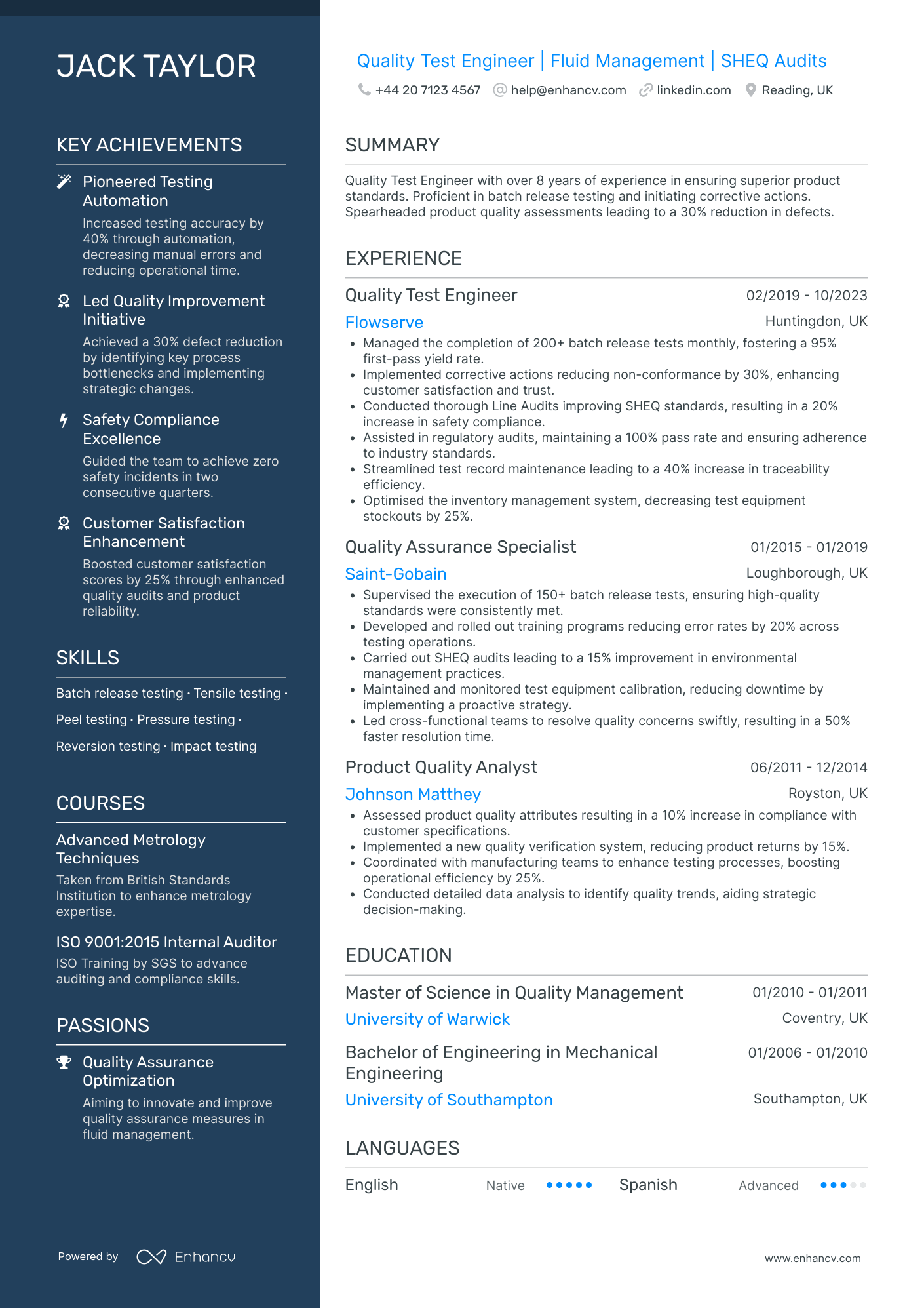 Quality Engineer CV Examples & Guide for 2026