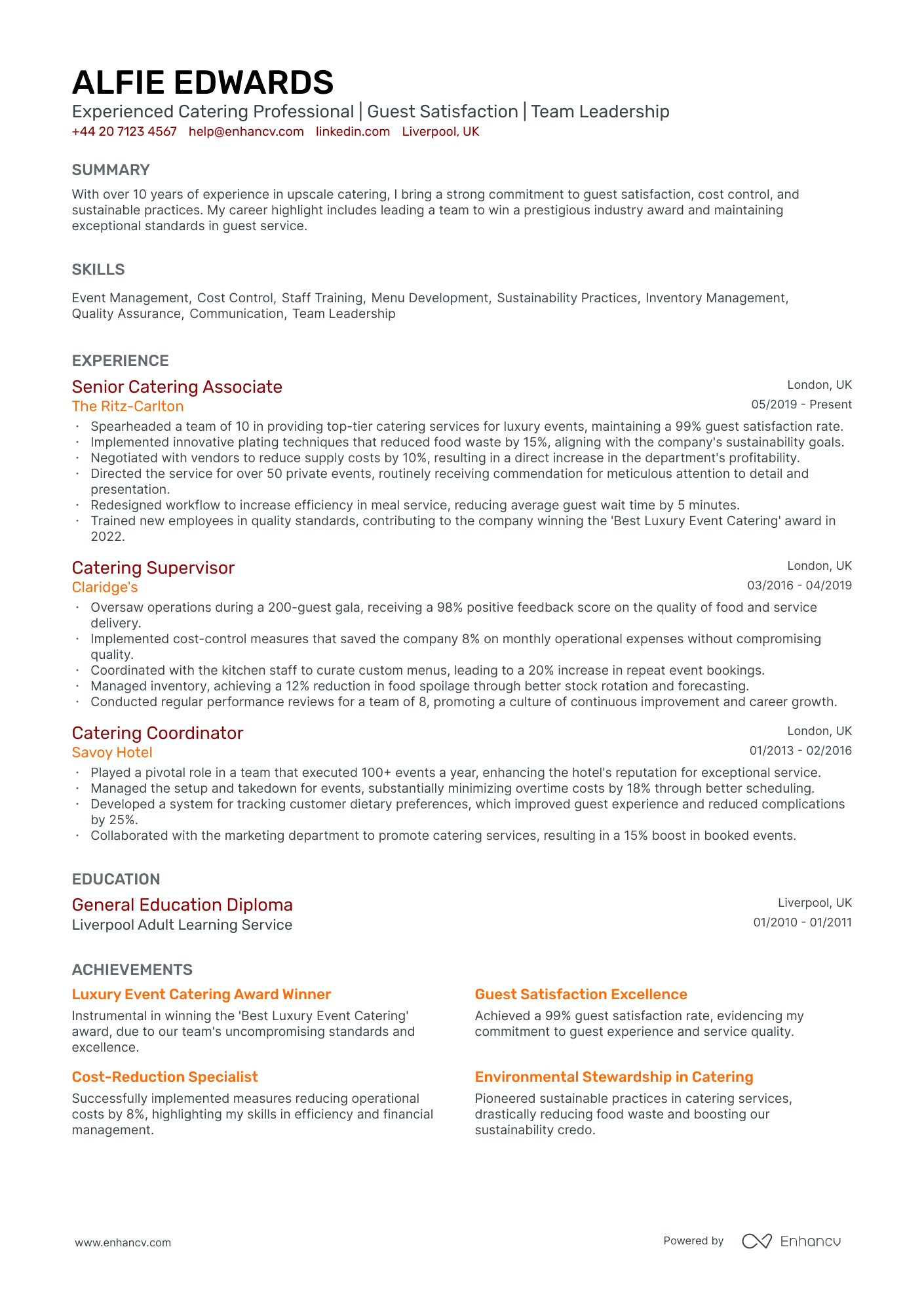 Waiter CV Examples & Guide for 2025