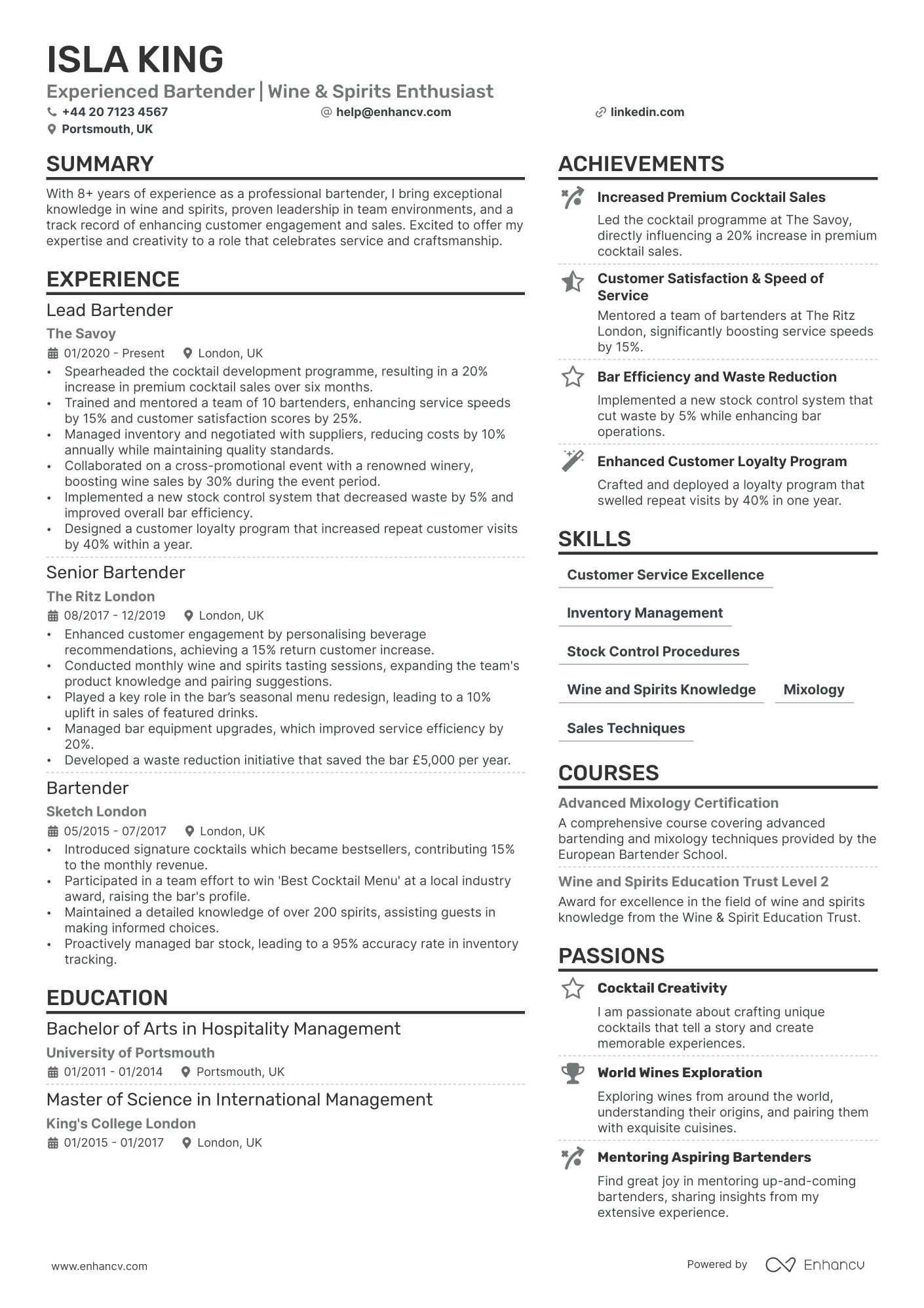 Bartender CV Examples & Guide for 2024