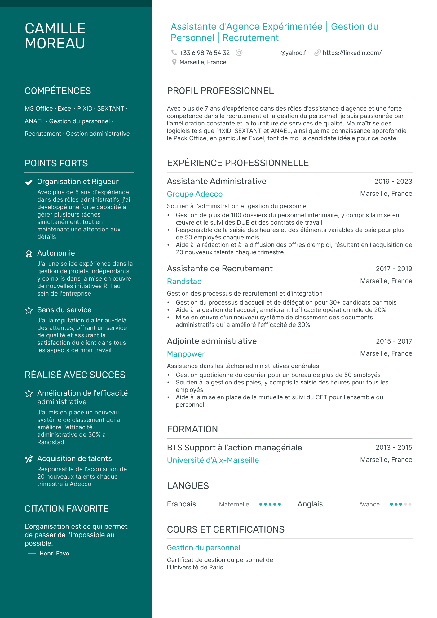 Exemples gagnants de CV d'assistant administratif pour 2024