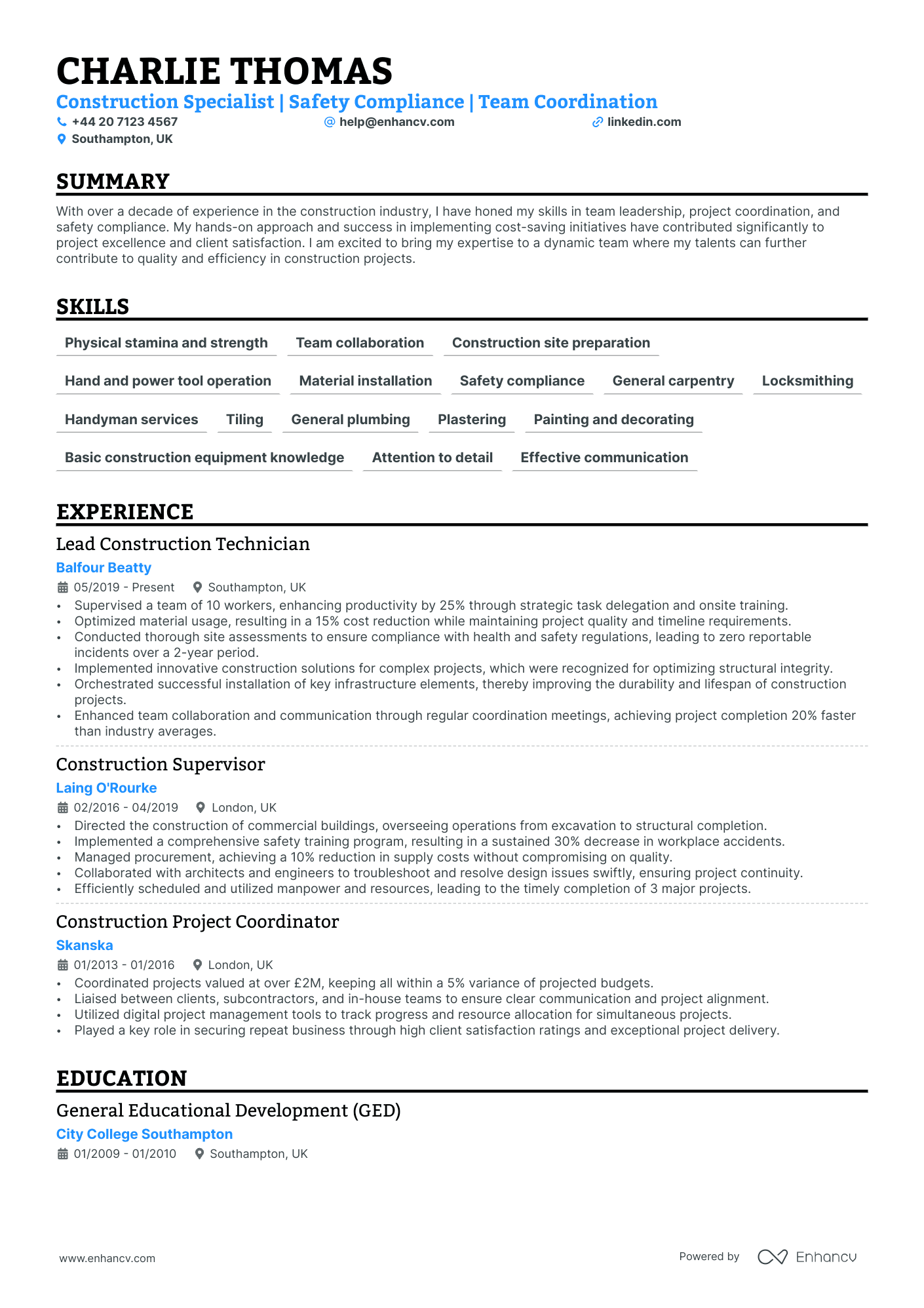 Construction Worker CV Examples & Guide for 2025