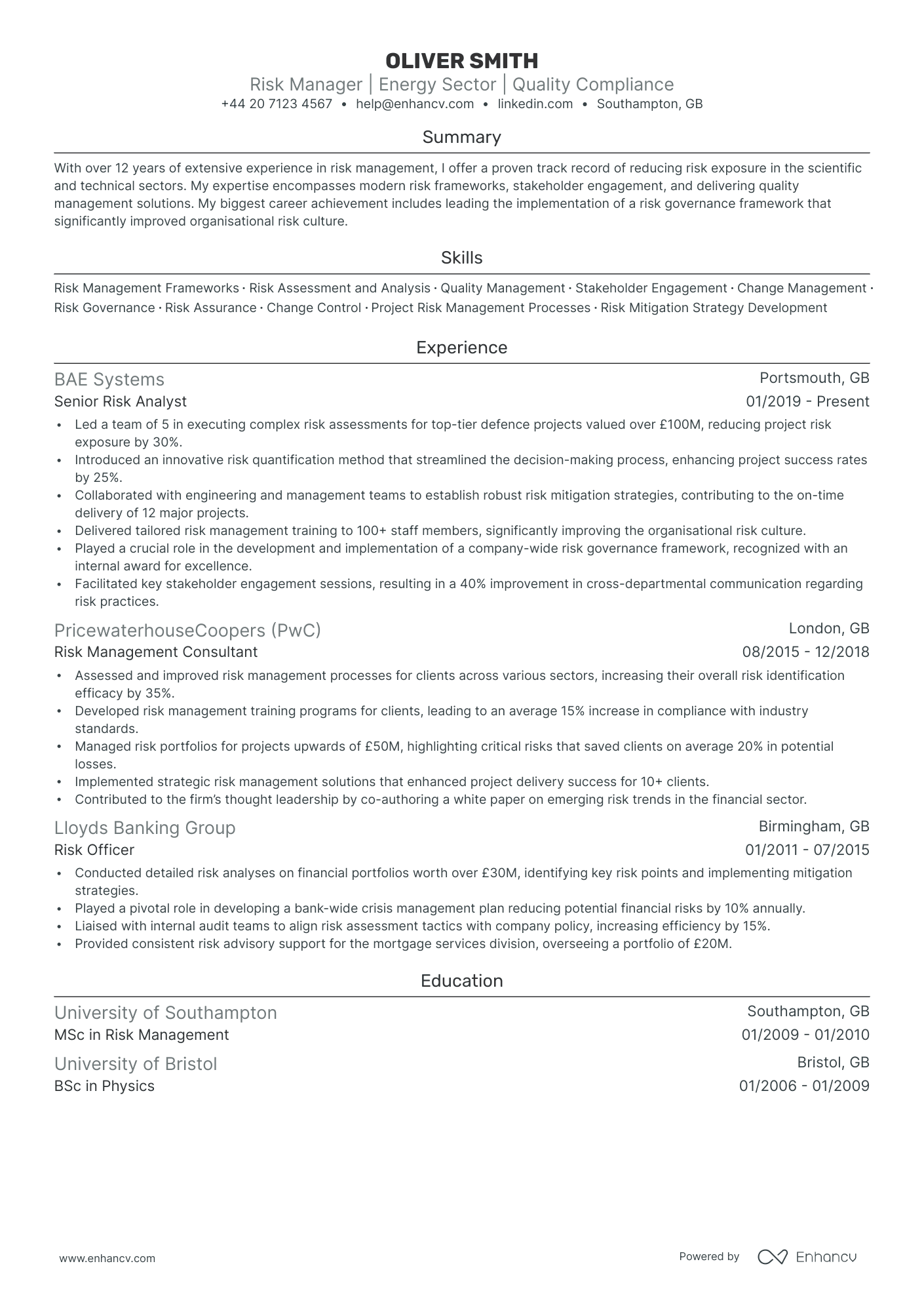 Risk Manager CV Examples & Guide for 2025