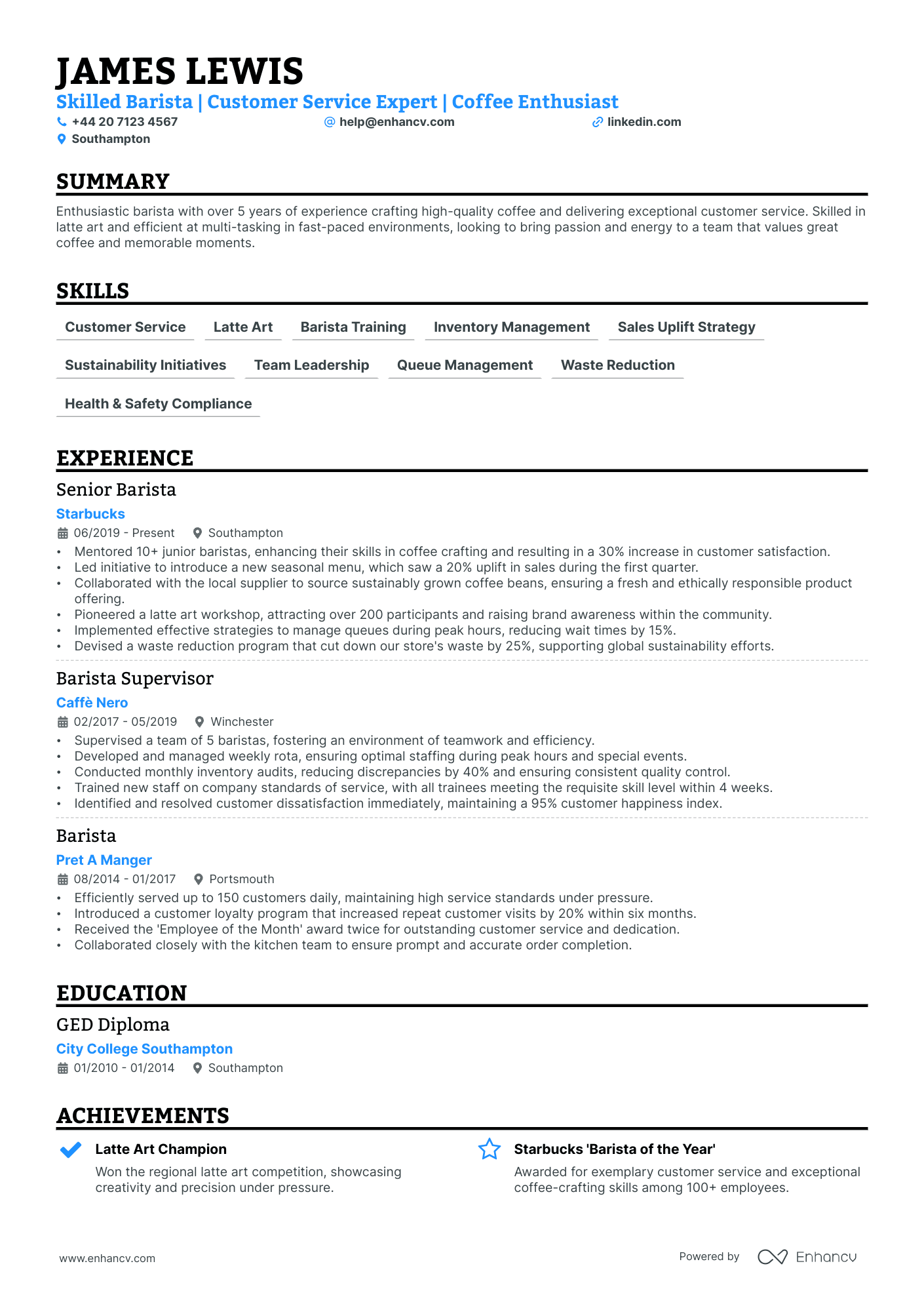 Barista CV Examples & Guide for 2025