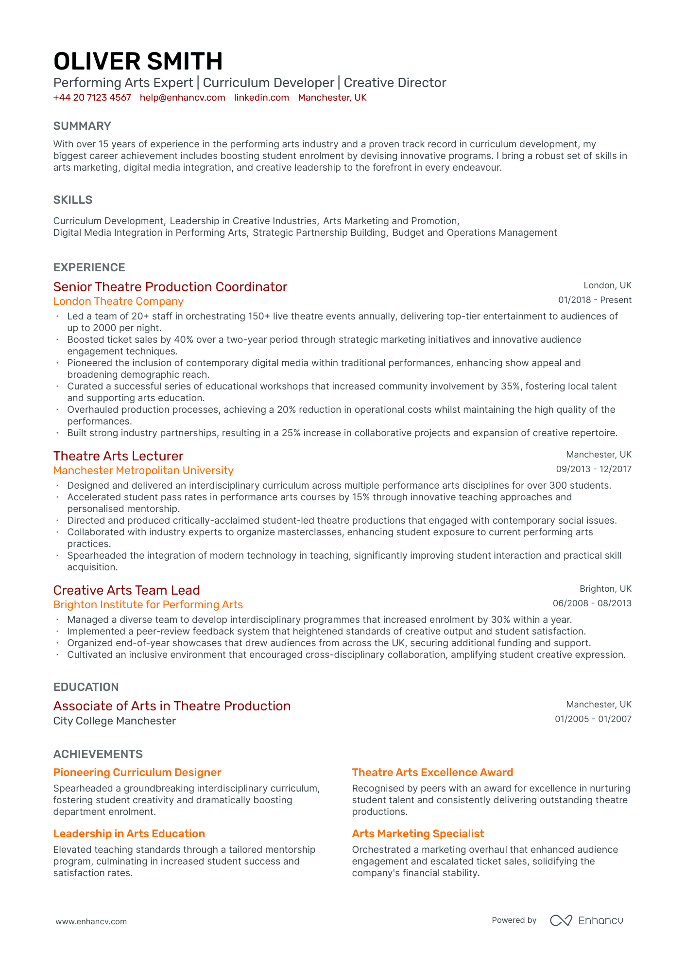 Performing Arts CV Examples & Guide for 2025