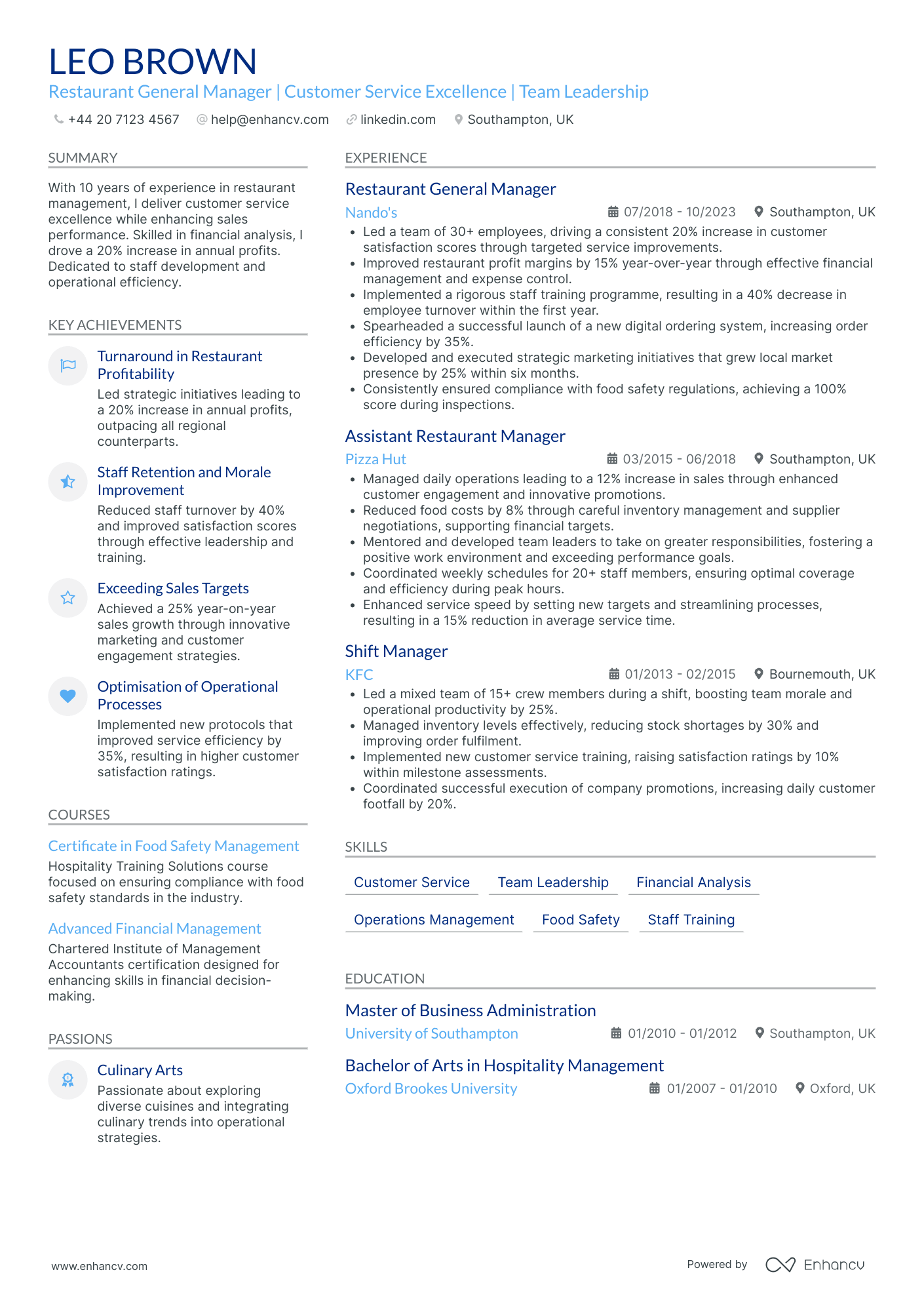 Restaurant General Manager CV Examples & Guide for 2026