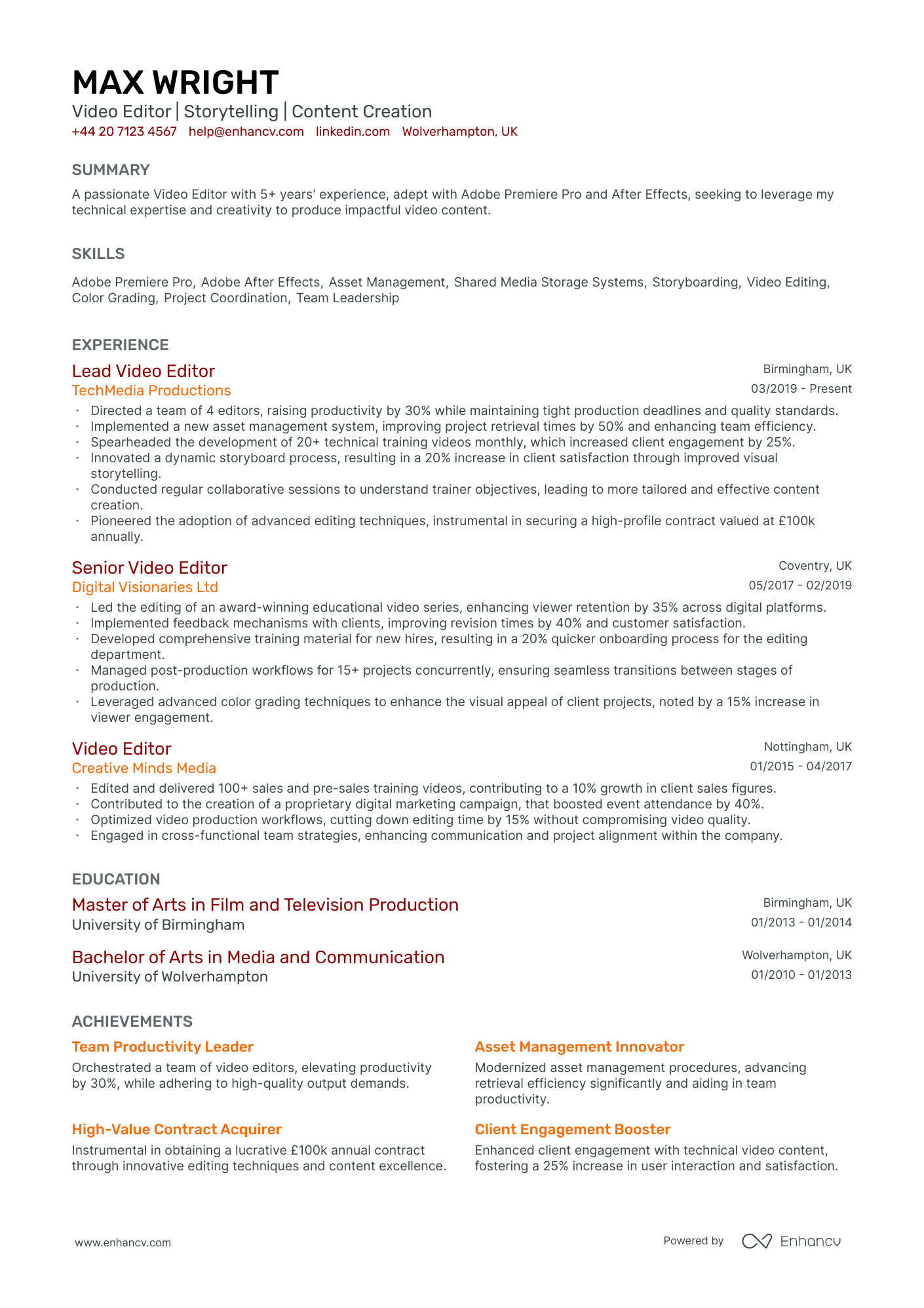 Video Editor CV Examples & Guide for 2025