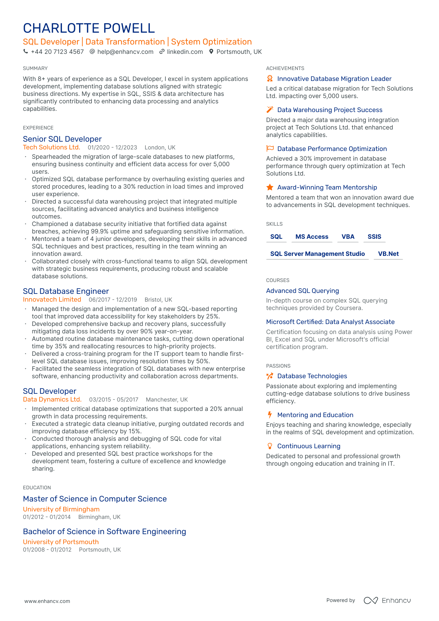 SQL Developer CV Examples & Guide for 2025