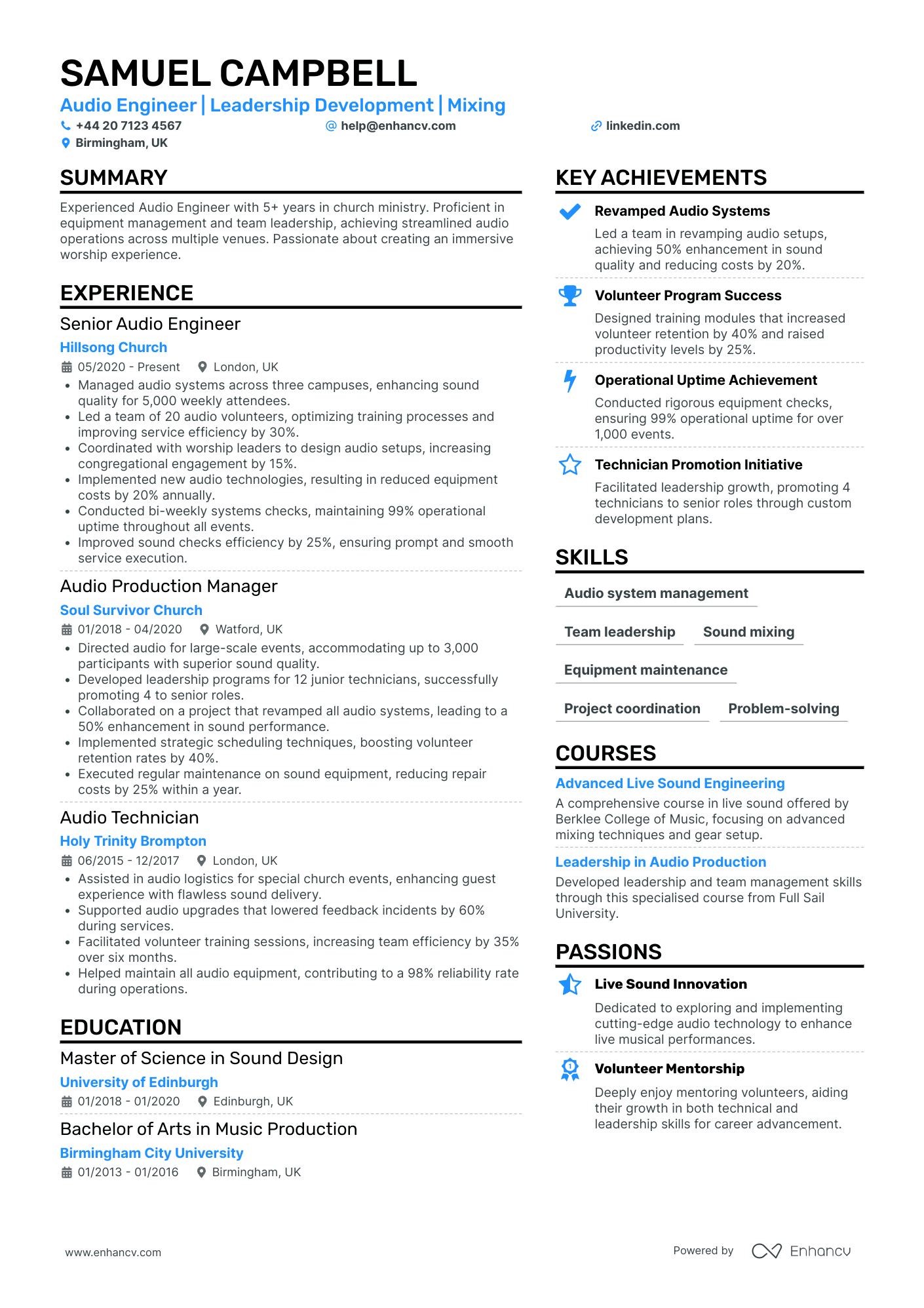 Audio Engineer CV Examples & Guide for 2026