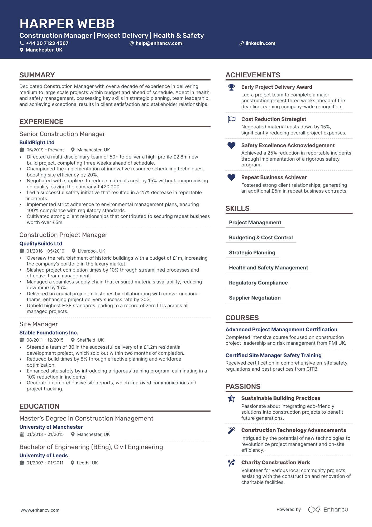 Construction Manager CV Examples & Guide for 2025