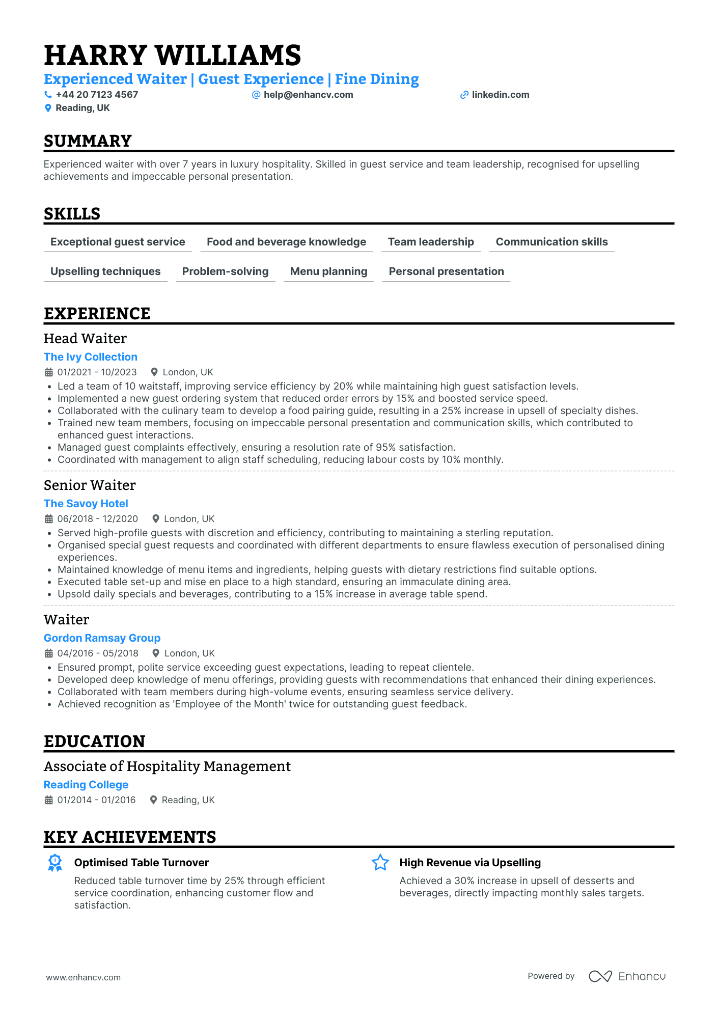 Waitress CV Examples & Guide for 2026