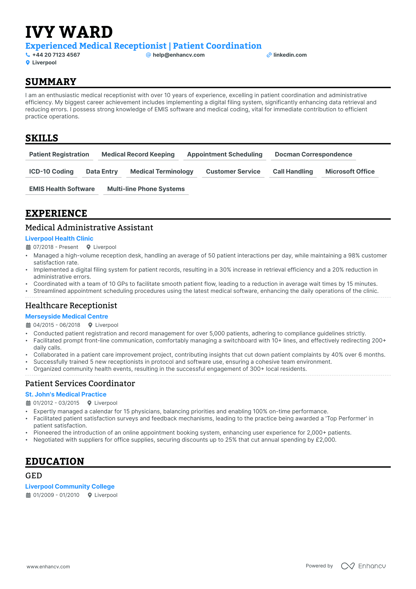 Medical Receptionist CV Examples & Guide for 2025