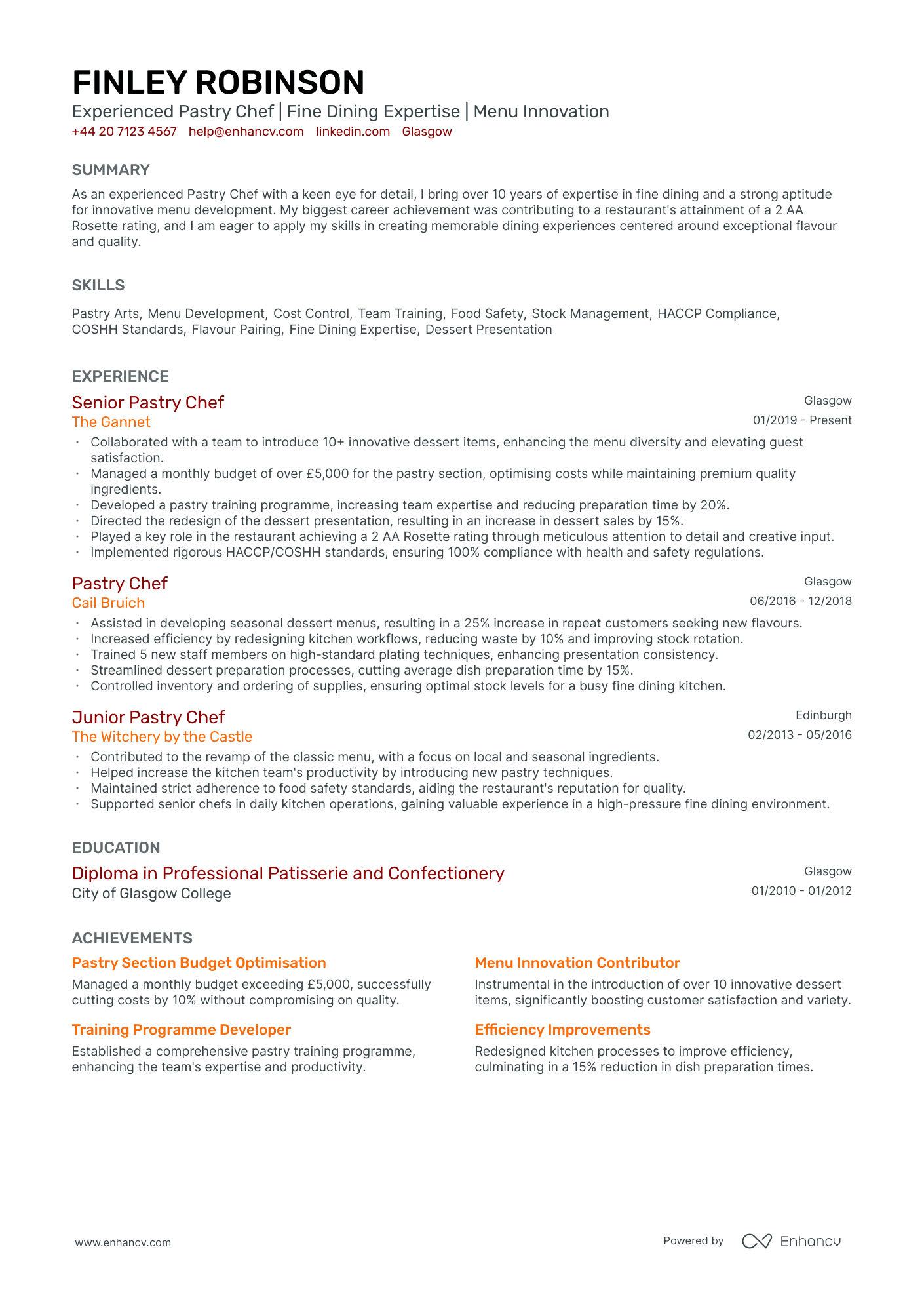 Pastry Chef CV Examples & Guide for 2025