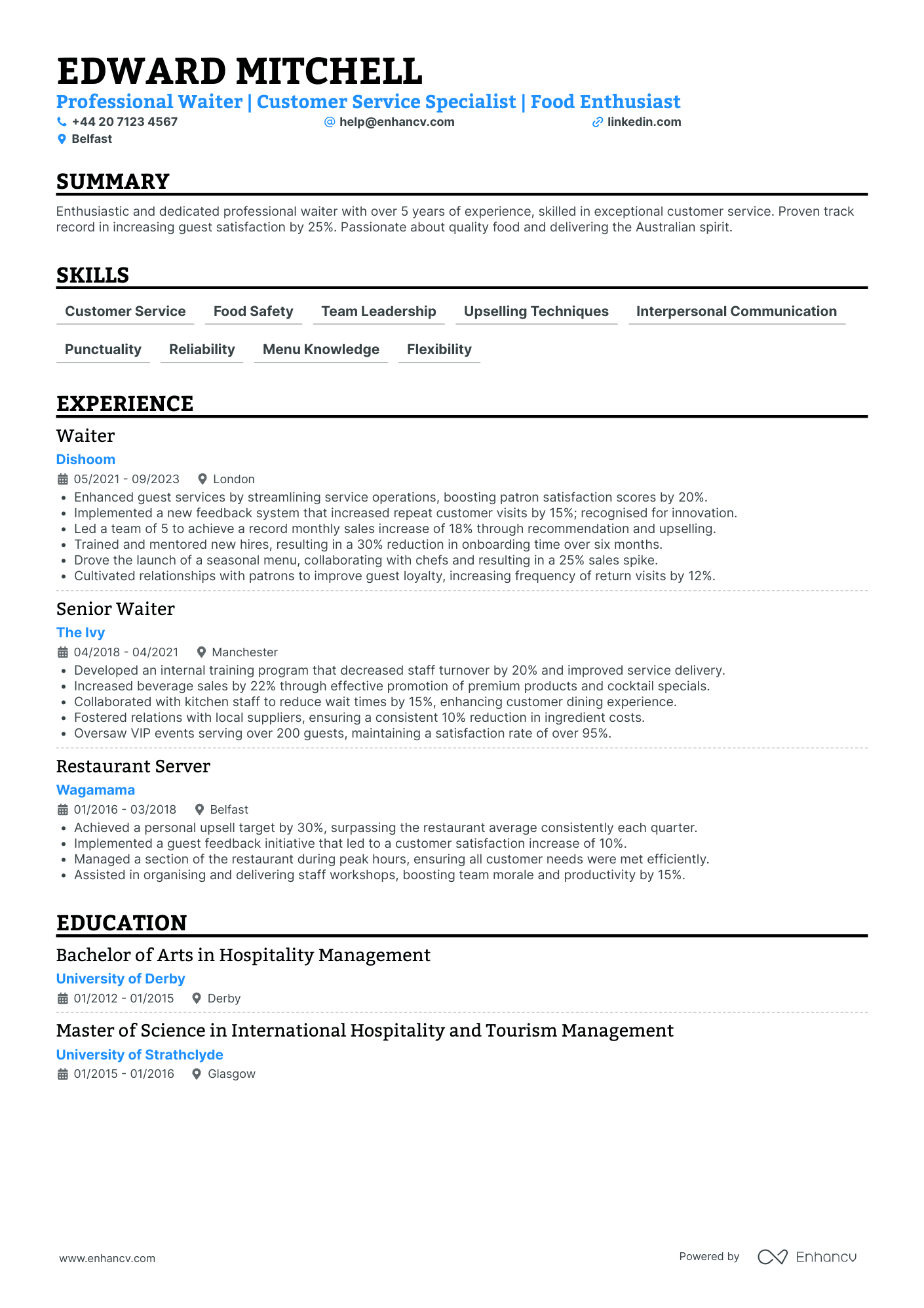 Waiter CV Examples & Guide for 2026