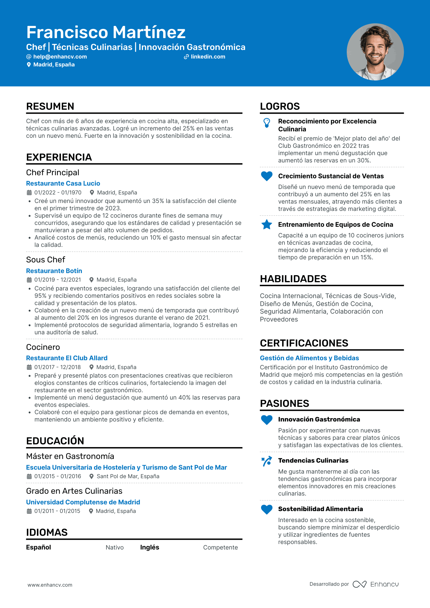 CV Chef: 15 Plantillas y Ejemplos de Currículum de Cocinero