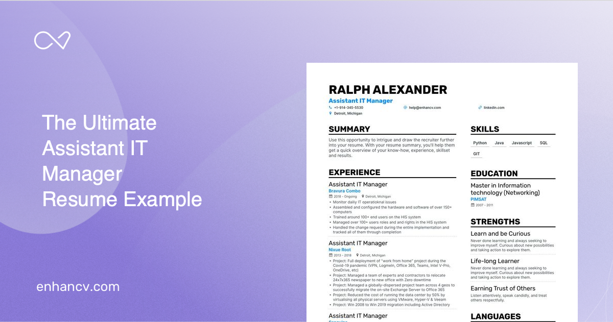 Assistant IT Manager Resume Examples & Guide for 2023 (Layout, Skills ...