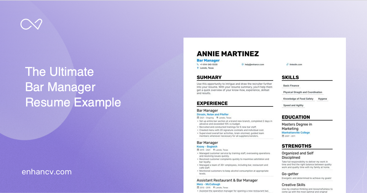 Bar Manager Resume Examples & Guide for 2022 (Layout, Skills, Keywords ...