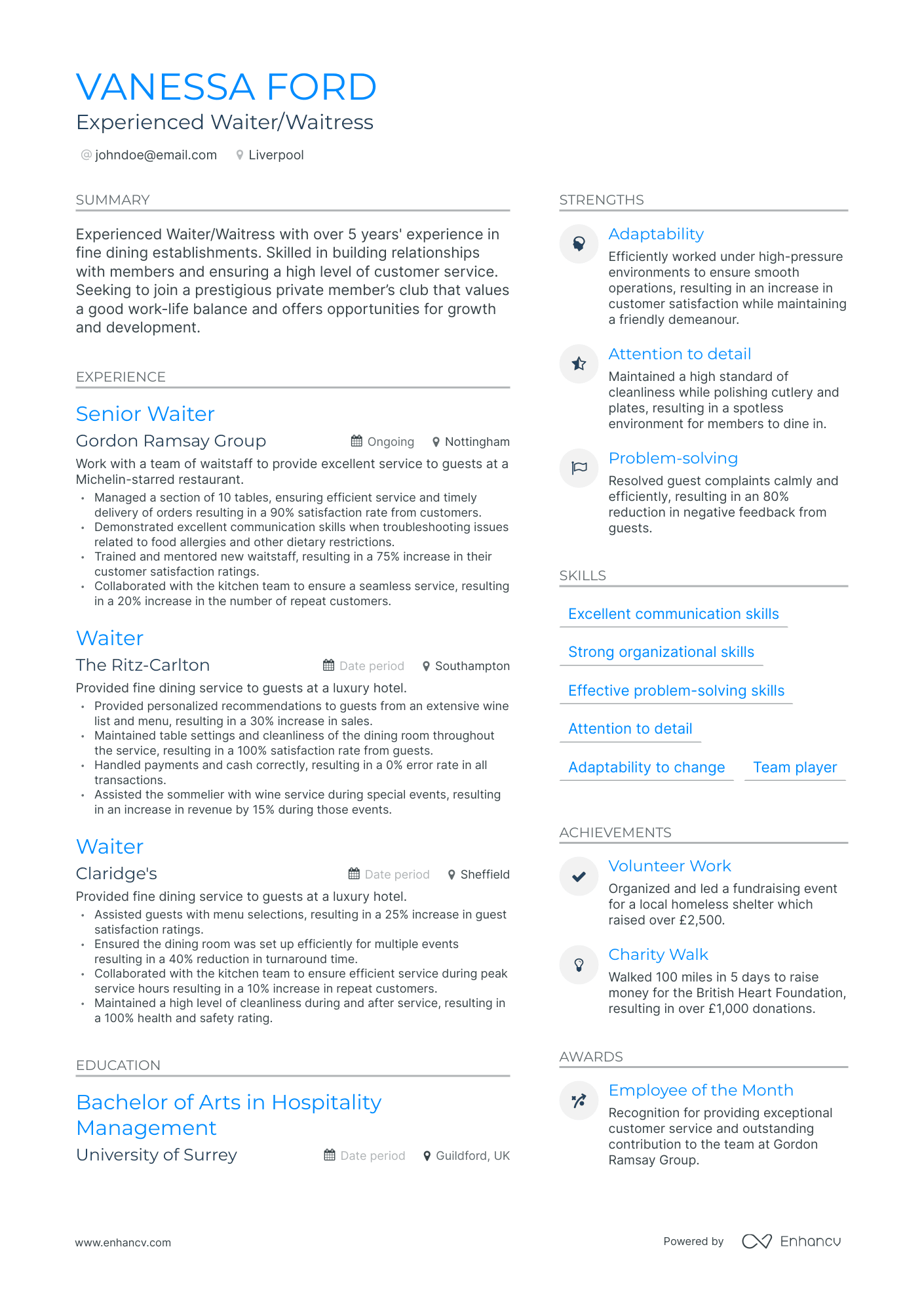 3 Waiter CV Examples for 2023