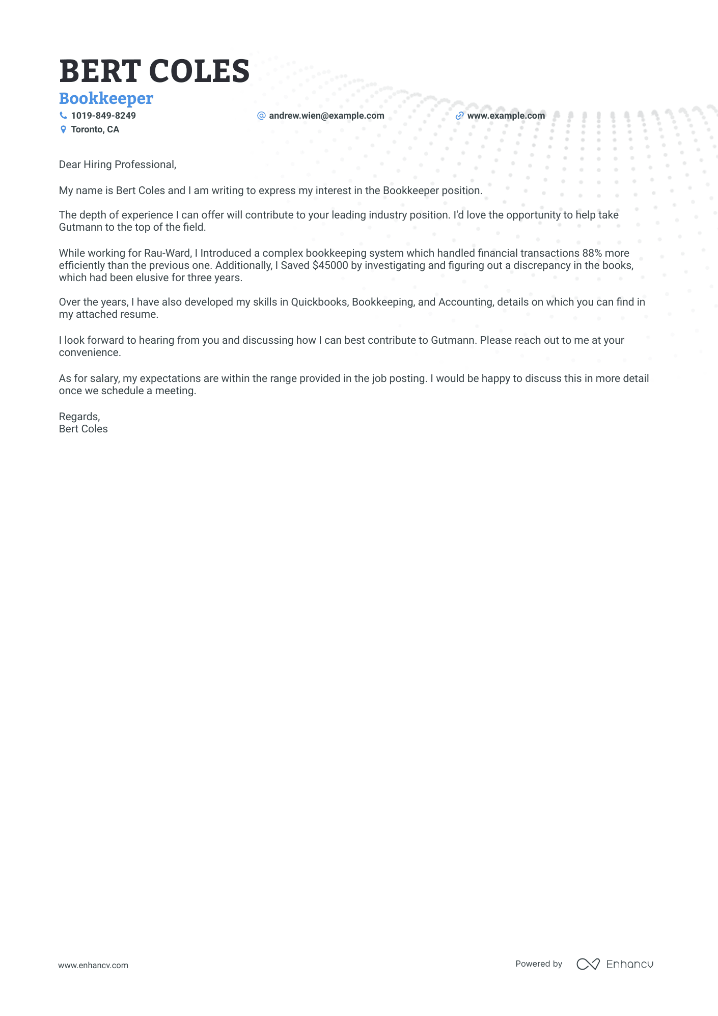 Real Bookkeeper Cover Letter Example for 2024