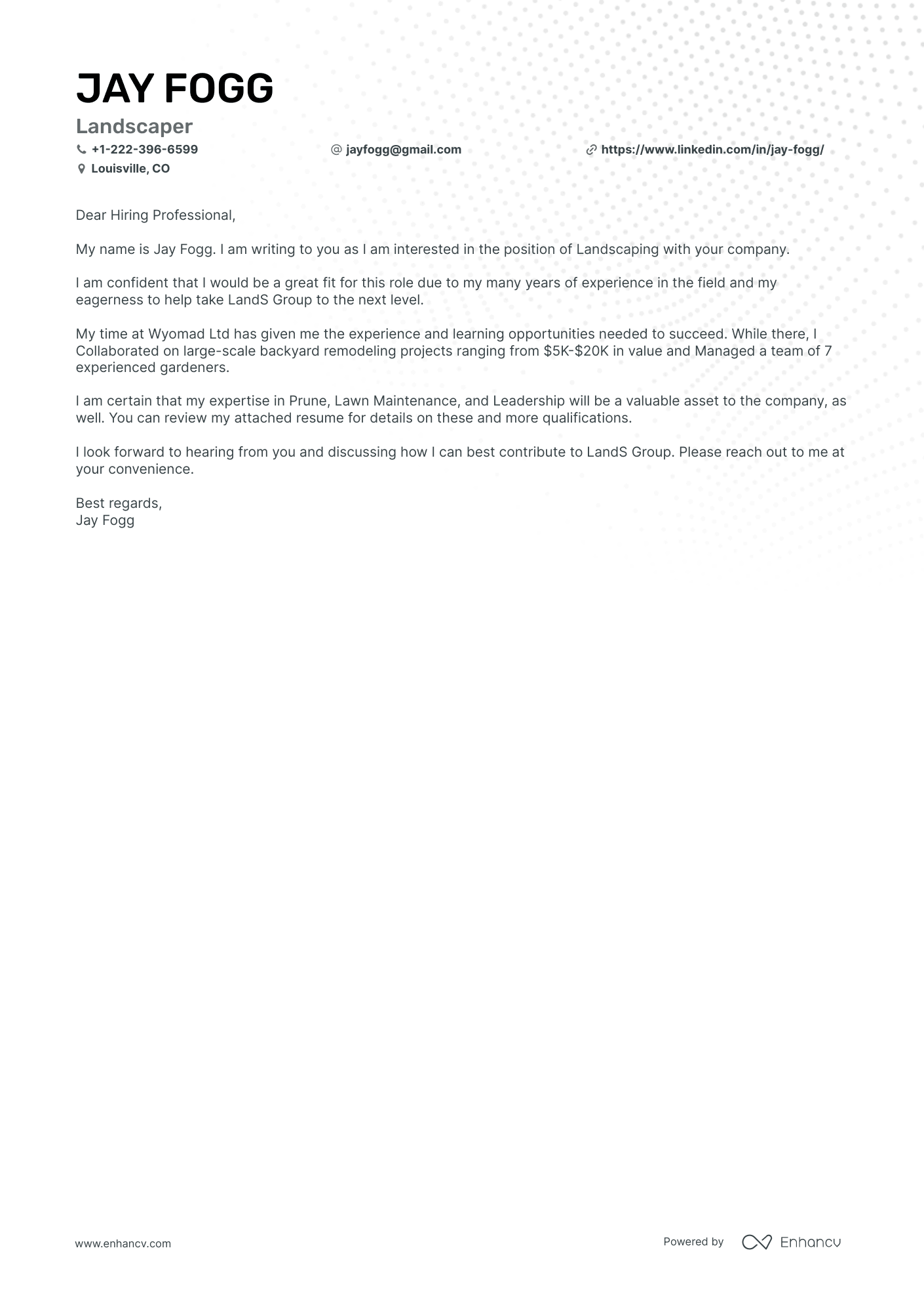 Real Landscaping Cover Letter Example for 2024