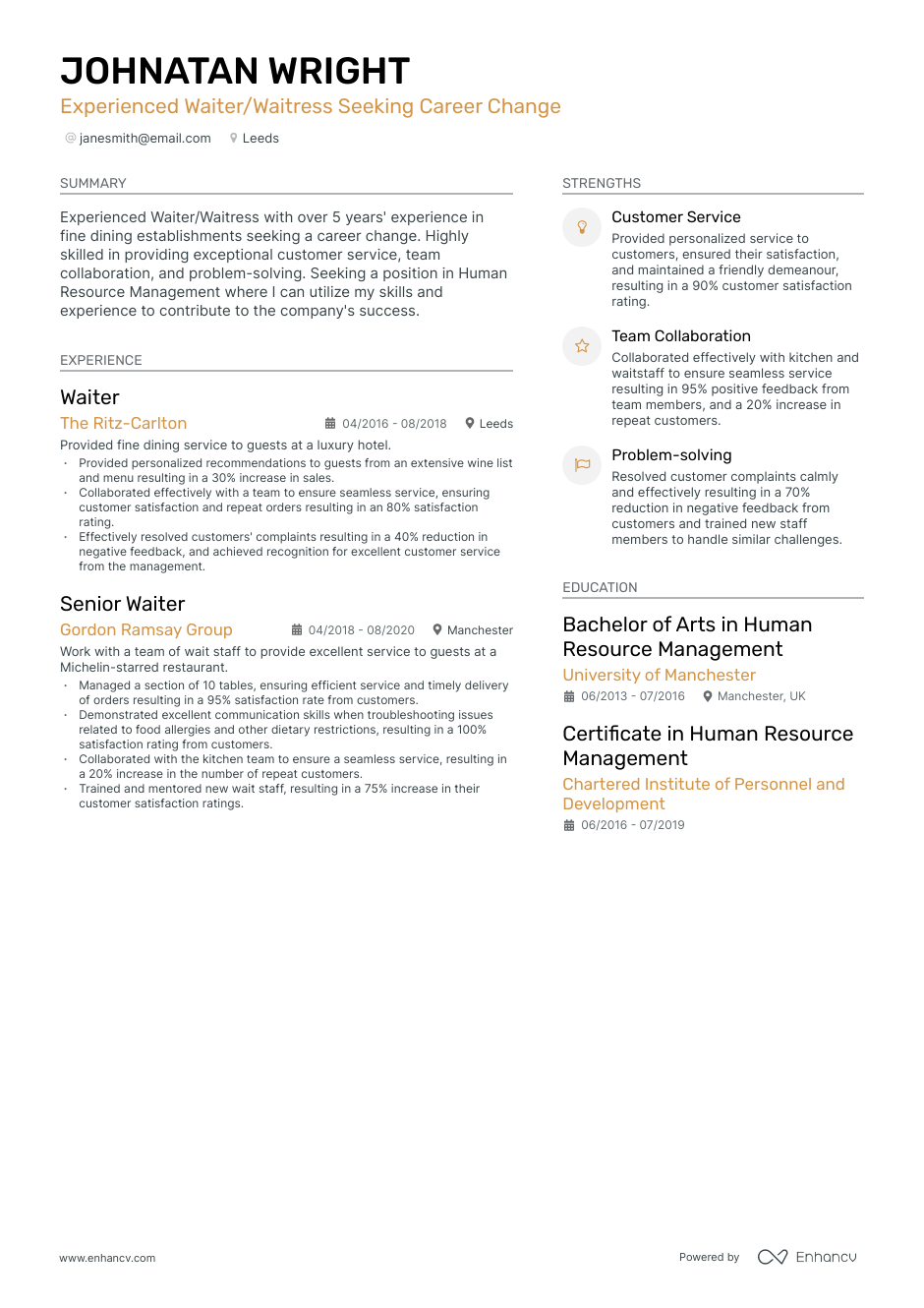 3 Waiter CV Examples for 2023