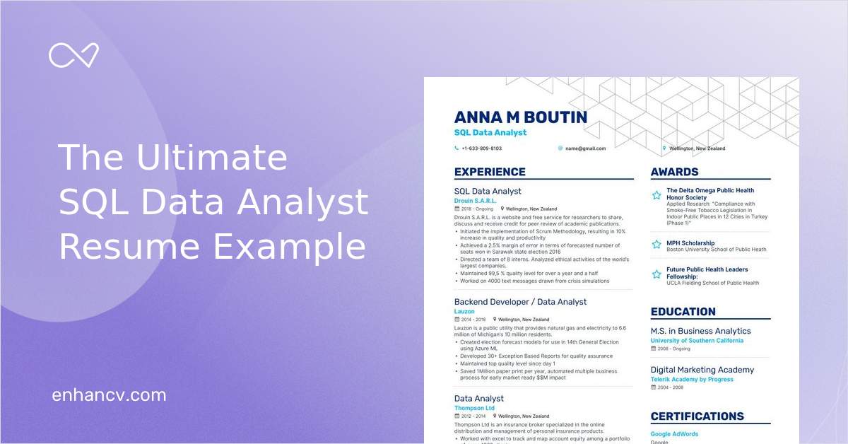 SQL Data Analyst Resume Examples Guide & Pro Tips | Enhancv (Layout ...